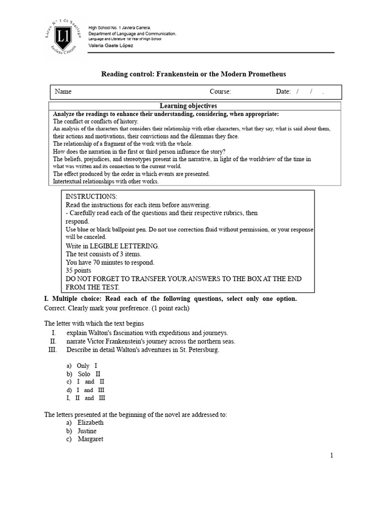 Frankenstein Reading Control Test | PDF | Prometheus | Frankenstein