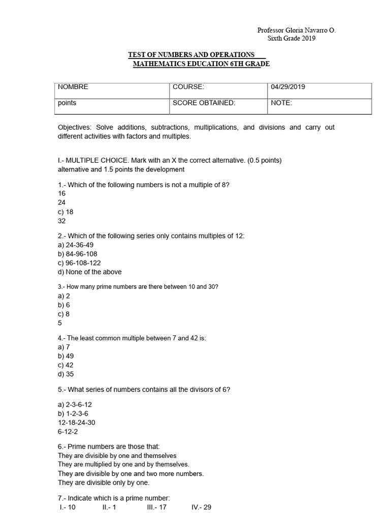 Test 6TH Grade Multiples and Factors April 2019 | PDF | Multiplication ...