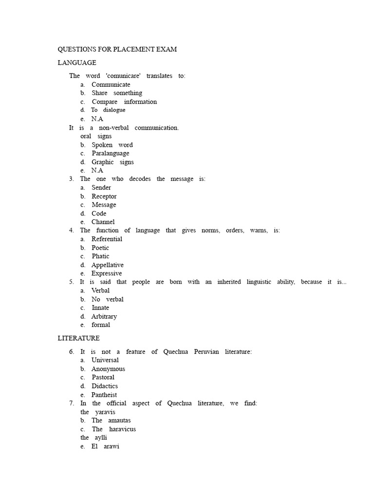 Placement Exam Questions for Language and Literature | PDF ...
