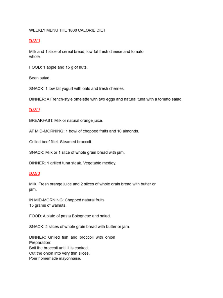 1800 Calorie Weekly Meal Plan | PDF | Salad | Foods