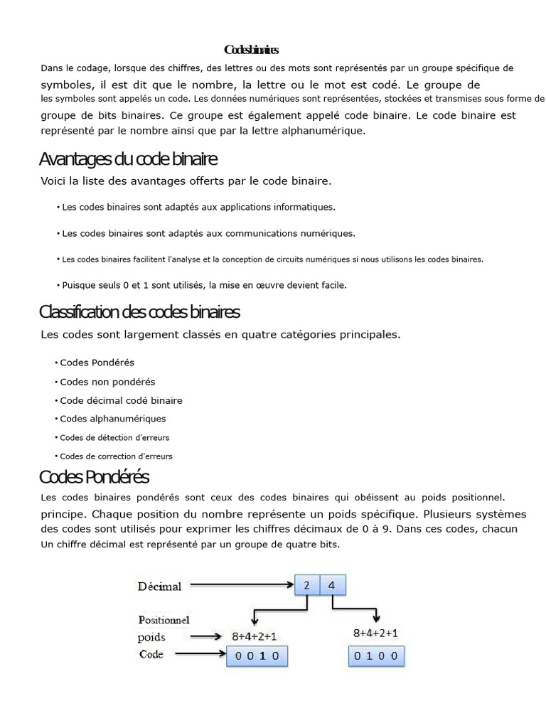 Introduction aux codes binaires et leurs types | PDF | Décimal codé ...