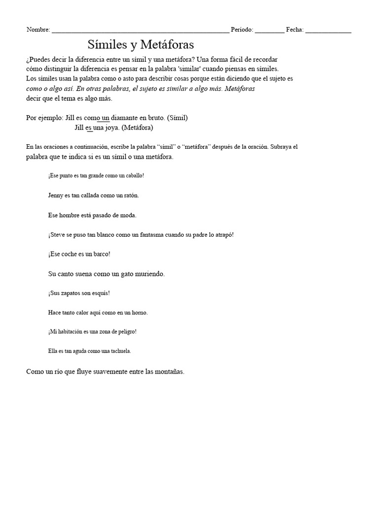 Hoja de Trabajo Sobre Símiles y Metáforas PDF | PDF | Metáfora