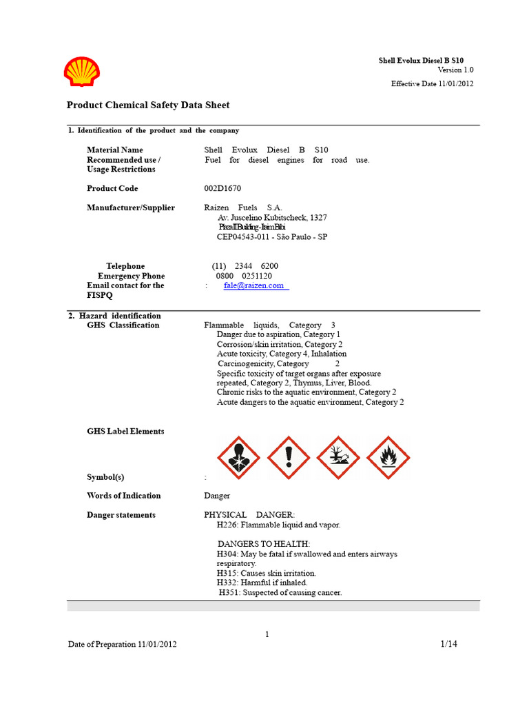 Shell Evolux Diesel B S10 Safety Data Sheet | PDF | Toxicity | Combustion