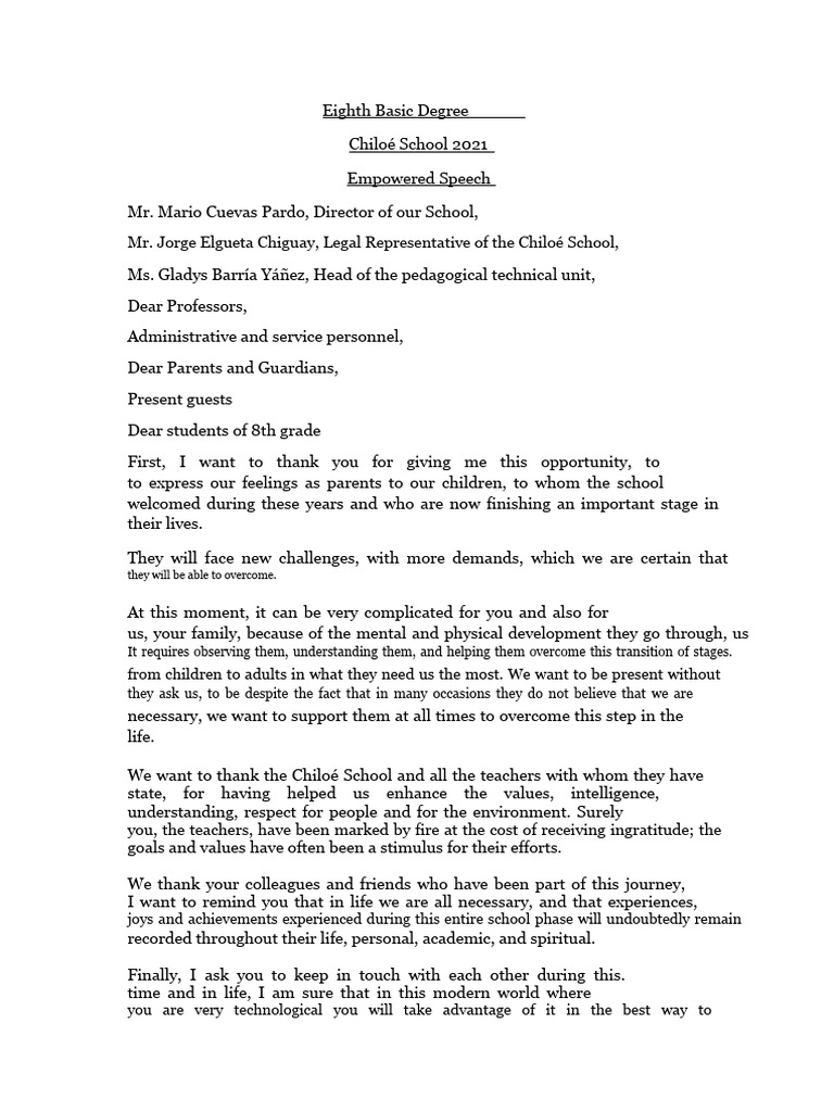 Speech by The Representative of 8th B Chiloé School | PDF