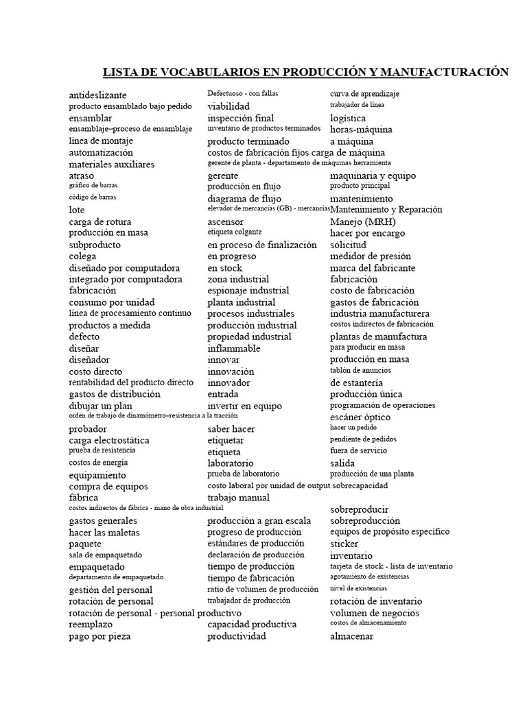 Lista de vocabulario | PDF | Producción en masa | Procesos de negocio