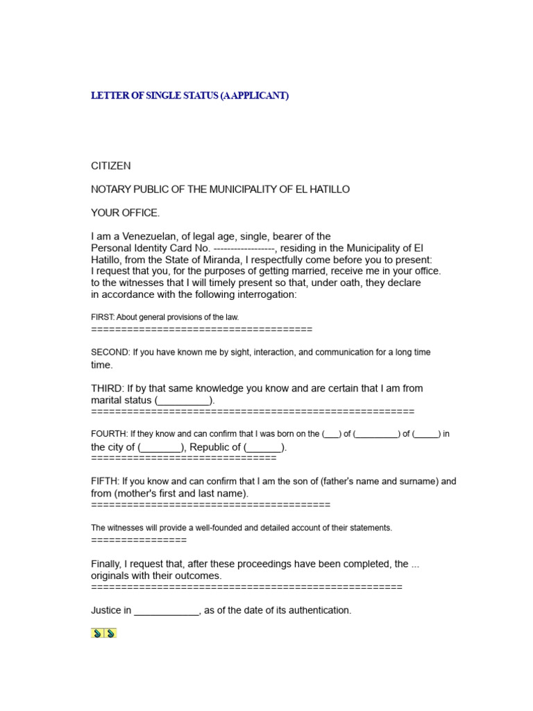 Letter of Singleness A Applicant | PDF