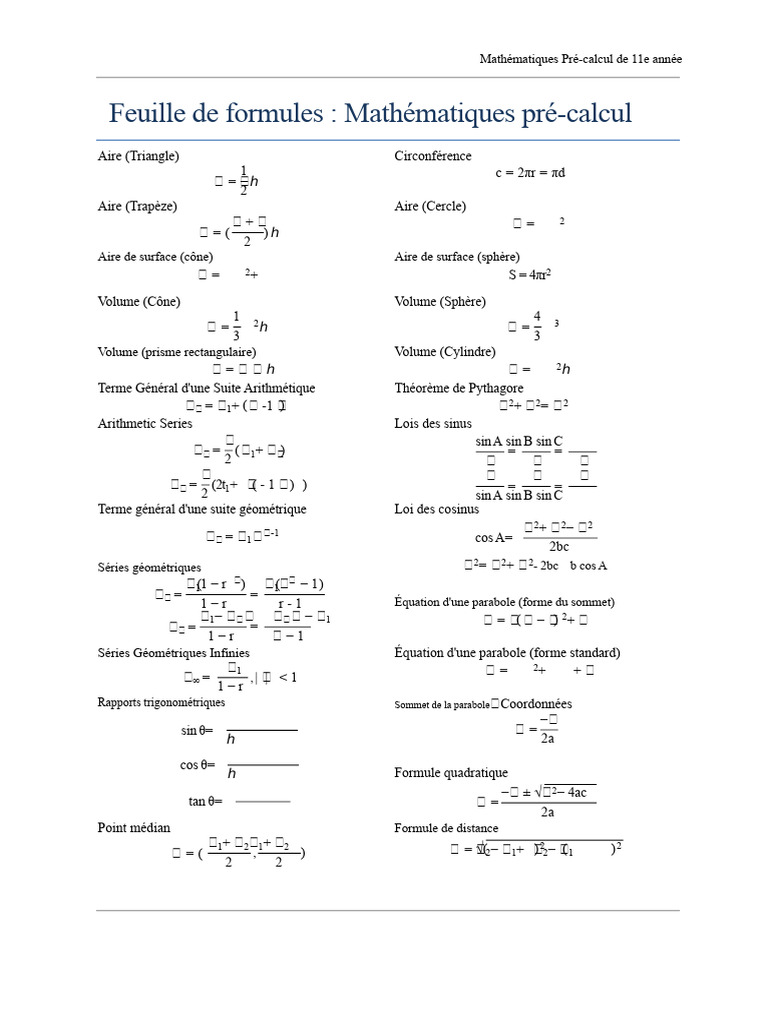 Formules de Mathématiques Pré-calcul 11e | PDF | Fonction ...