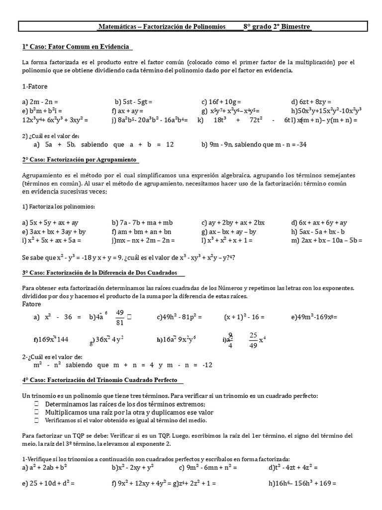 Factorización de Polinomios 8º Año | PDF | Factorización | Álgebra abstracta