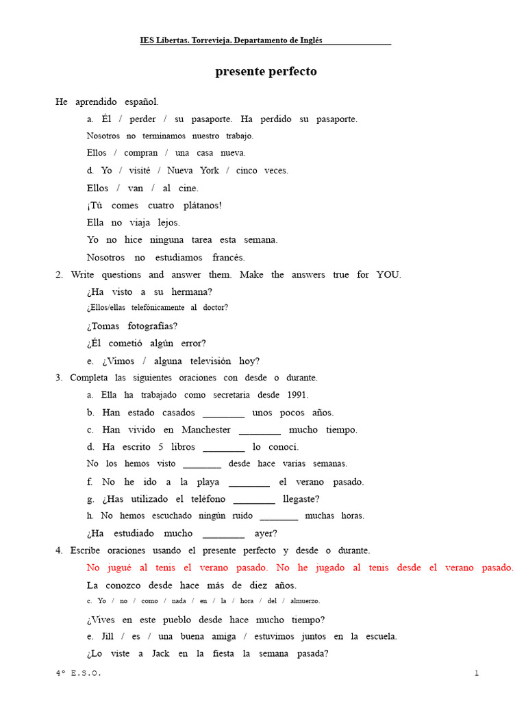 Ejercicios de Presente Perfecto en Inglés | PDF | Tránsito rápido