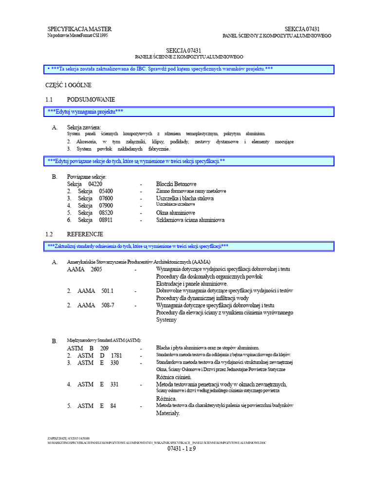 Podręcznik Specyfikacja Panele Ścienne Z Aluminium I Compositu | PDF