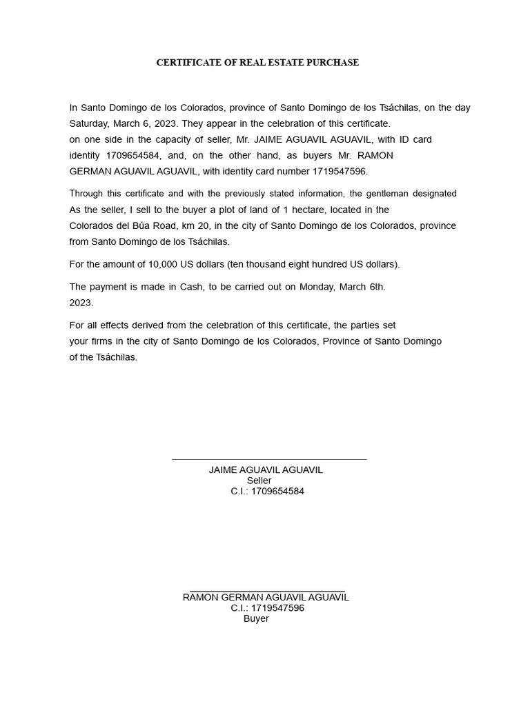 Real Estate Purchase Certificate Santo Domingo | PDF