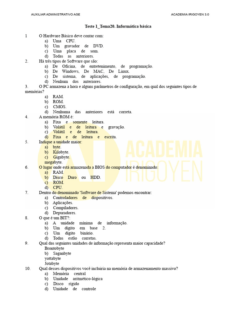 Teste de Informática Básica para Auxiliar Administrativo | PDF ...