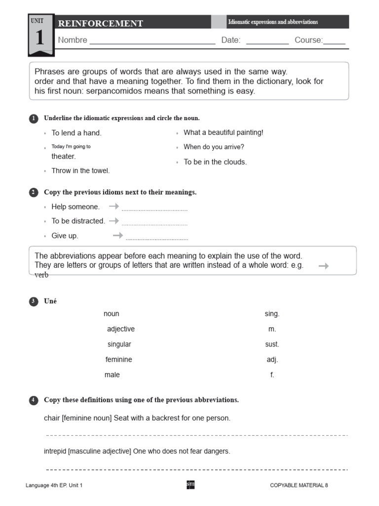 Unit 1 Reinforcement Exercises Idiomatic Expressions | PDF
