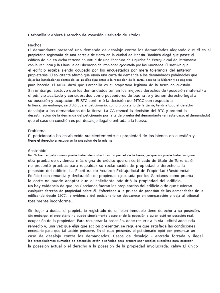 Carbonilla V Abiera (LTD-Derecho de Posesión Derivado Del Título) | PDF ...