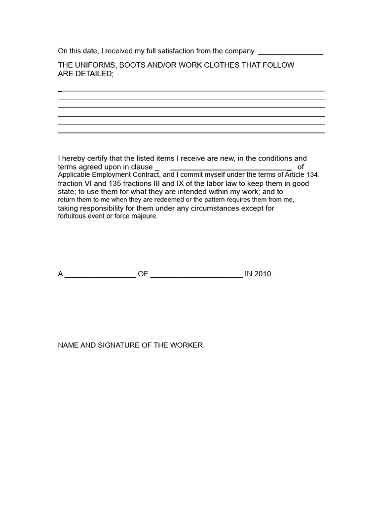 Employee Uniform Receipt Acknowledgment | PDF