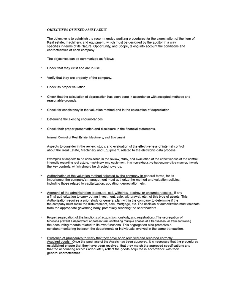Fixed Asset Audit Objectives and Procedures | PDF | Internal Control ...