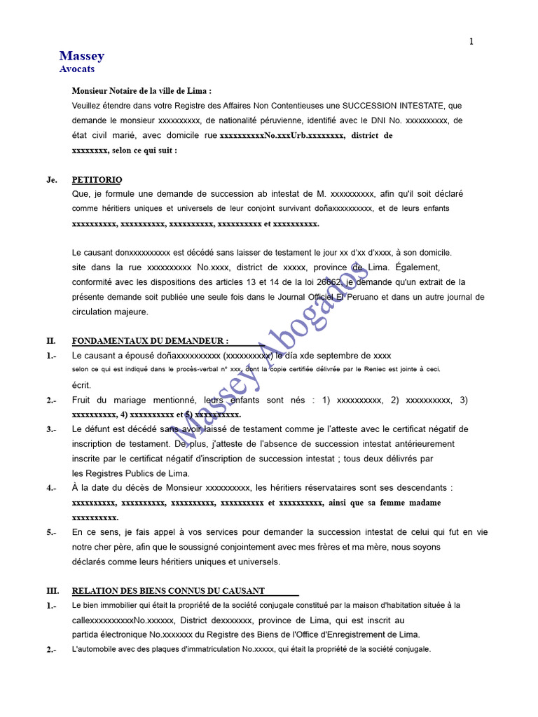 Demande de succession intestat à Lima | PDF | Loi commune | Droits de ...
