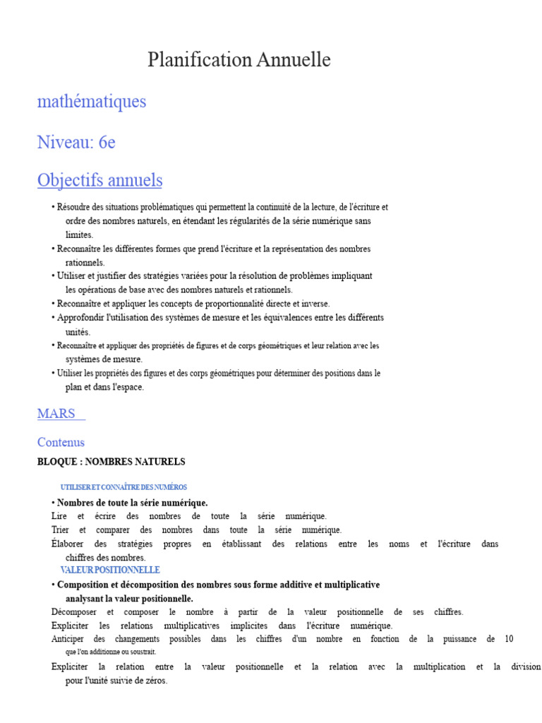 Planification annuelle mathématiques 6e | PDF | Nombre | Division