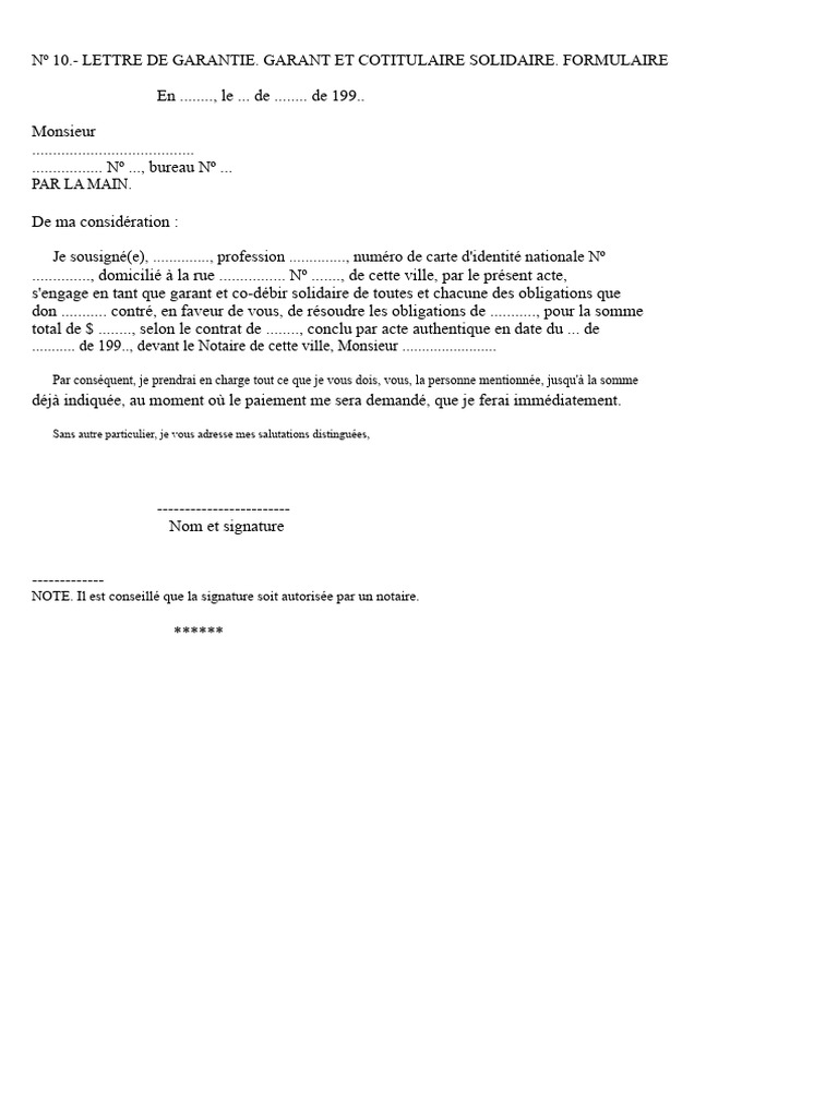 Lettre De Garantie Modle