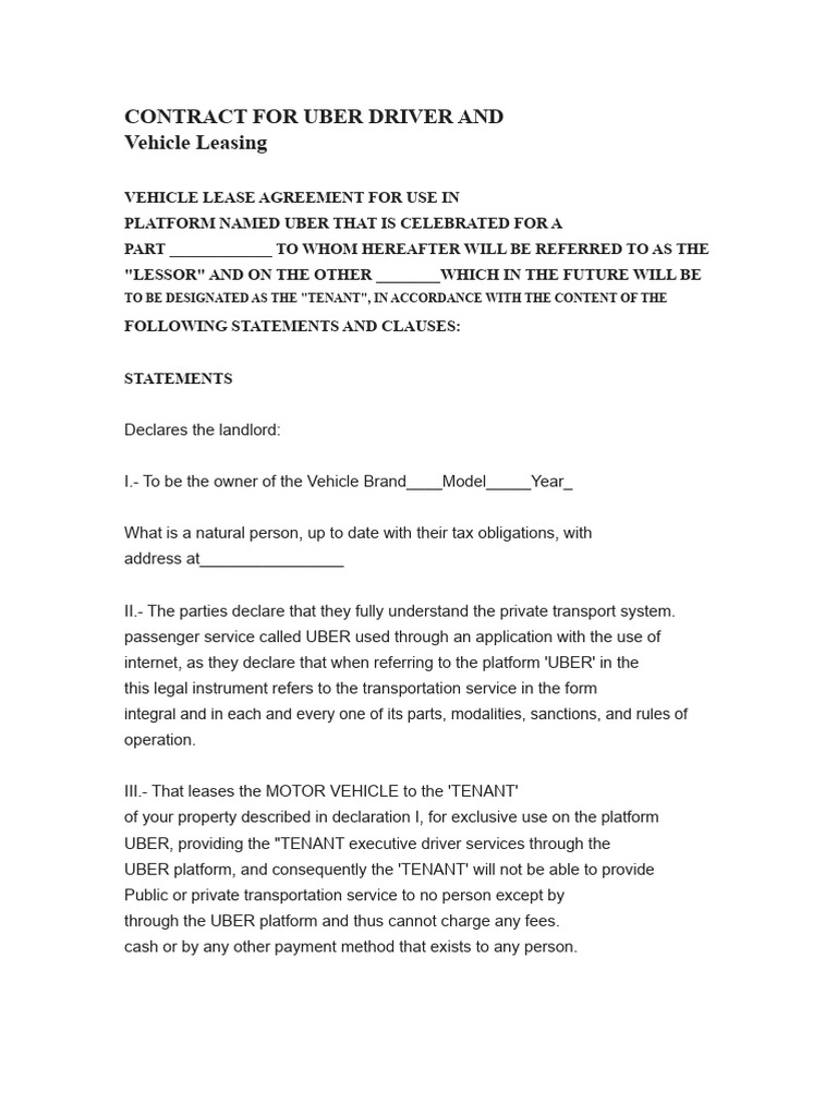 Contract For Uber Driver and Vehicle Lease | PDF | Lease | Common Law