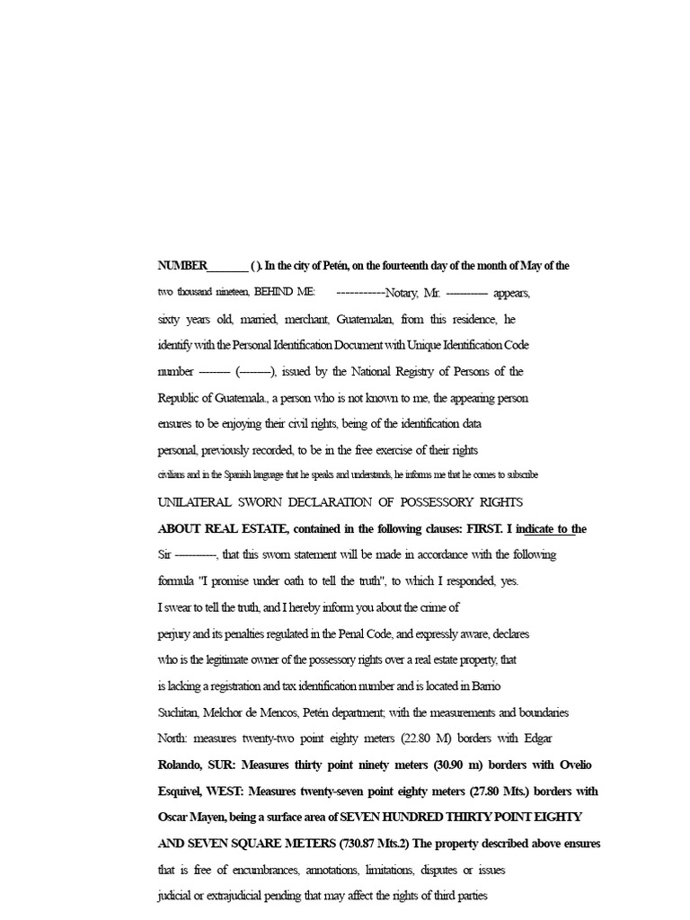 Unilateral Sworn Statement of Possessory Rights | PDF | Guatemala ...