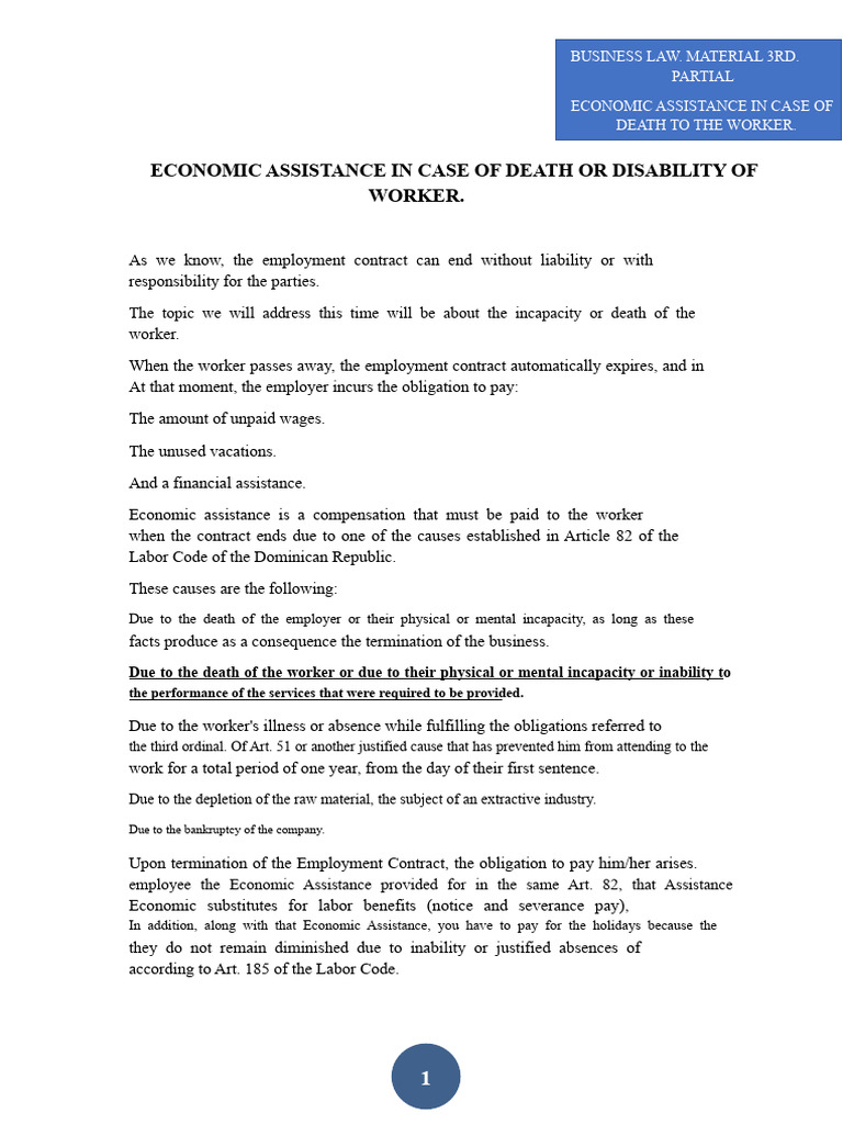 Economic Assistance in Case of Death or Disability of The Worker | PDF ...