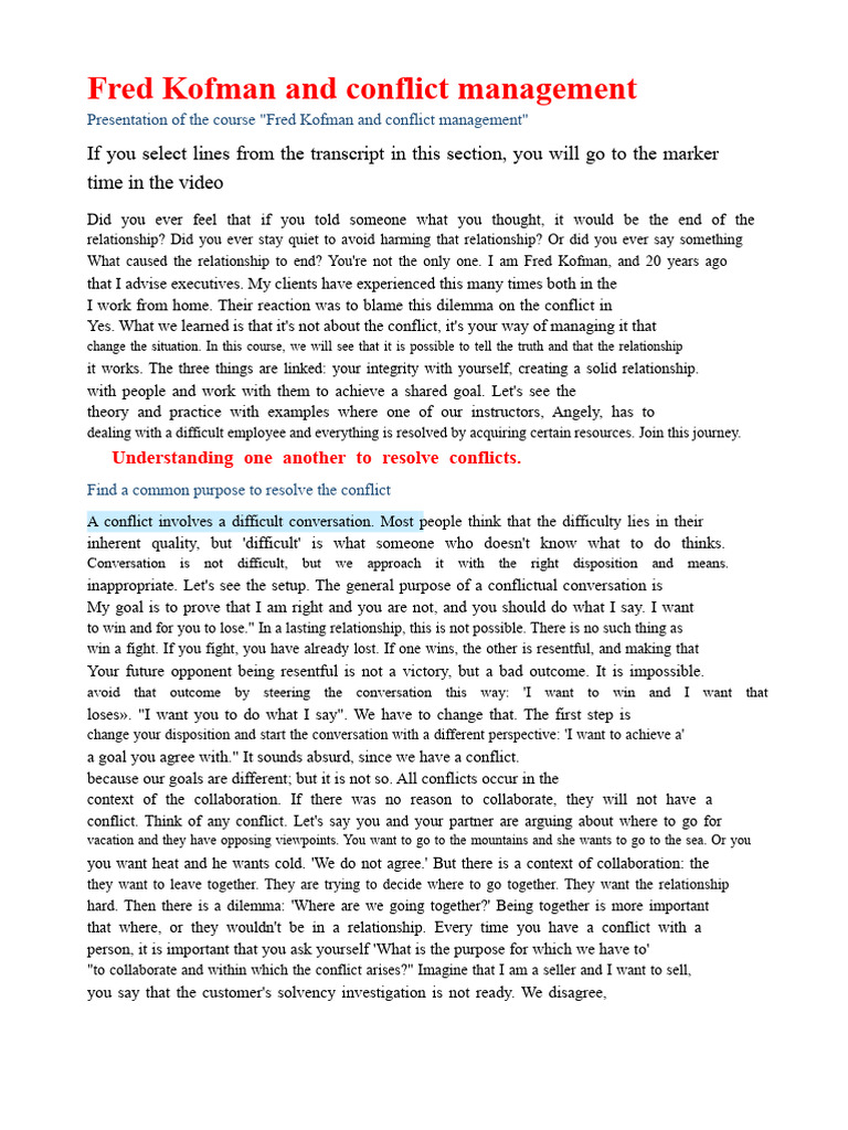 Fred Kofman: Conflict Management Strategies | PDF | Negotiation