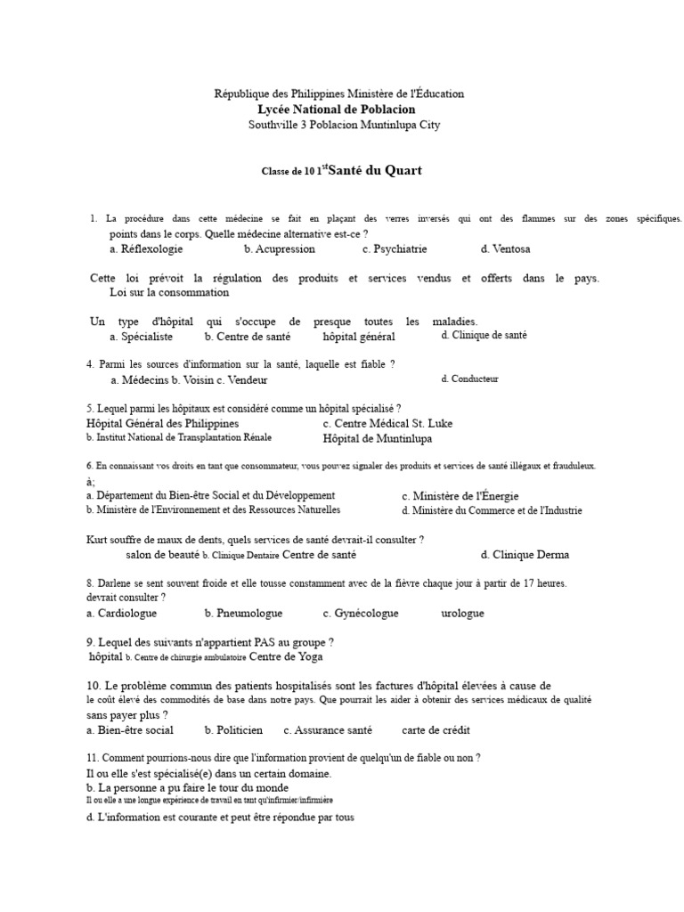 Examen de Santé de La 10e Année - 1er Trimestre | PDF | Hôpital | Médecine