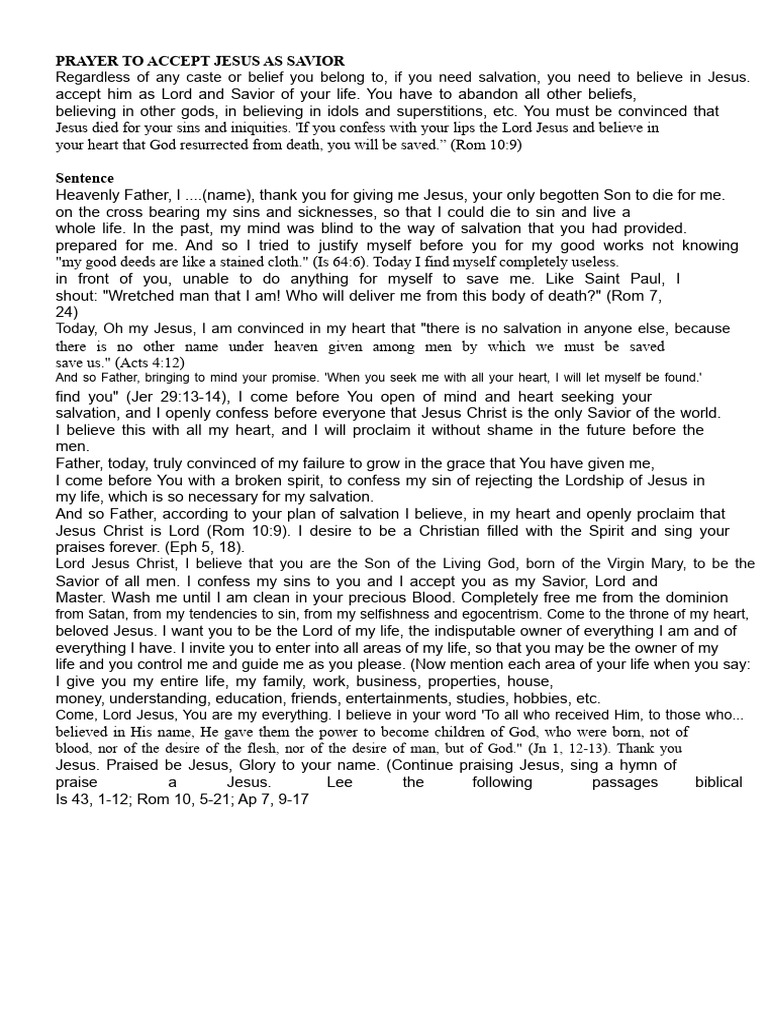 Prayer To Accept Jesus As Savior | PDF | Salvation | Jesus