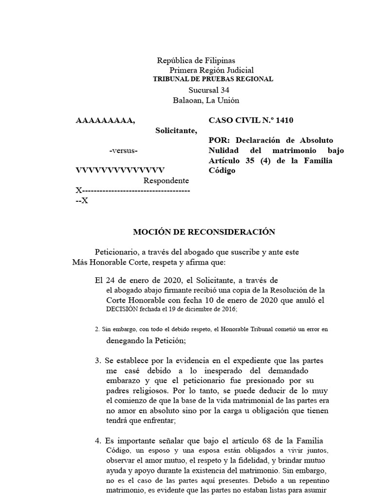 Moción de Reconsideración | PDF | Anulación | Trastorno mental
