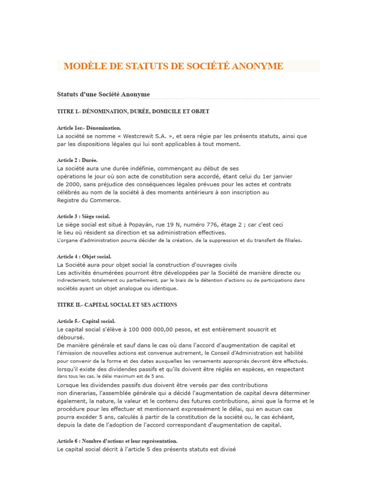 Statuts de la Société Anonyme Westcrewit | PDF | Action (Finance ...