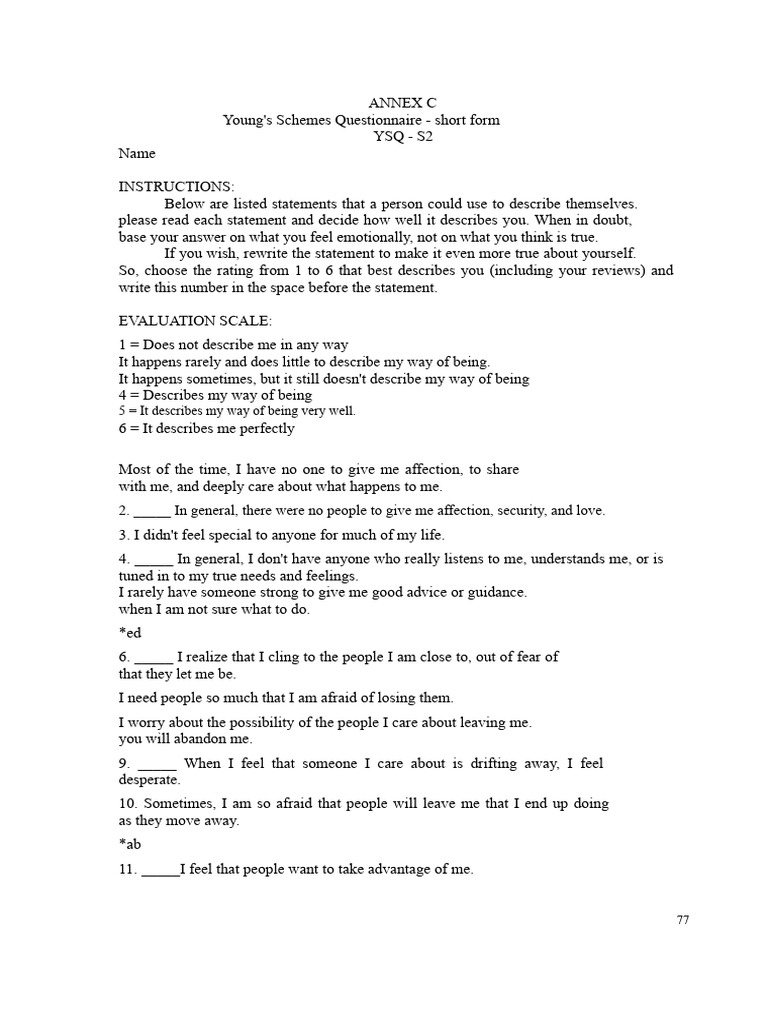 Young's Schemes Questionnaire Short Form | PDF | Questionnaire | Social ...