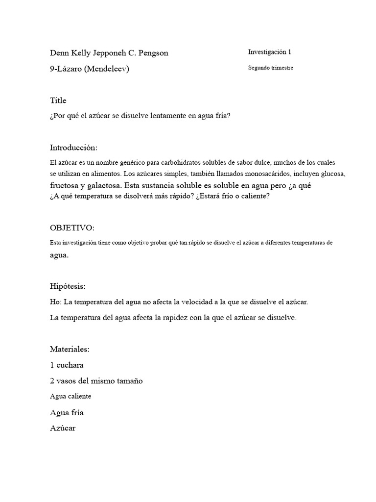 ¿Por Qué Se Disuelve El Azúcar Lentamente en Agua Fría? | PDF