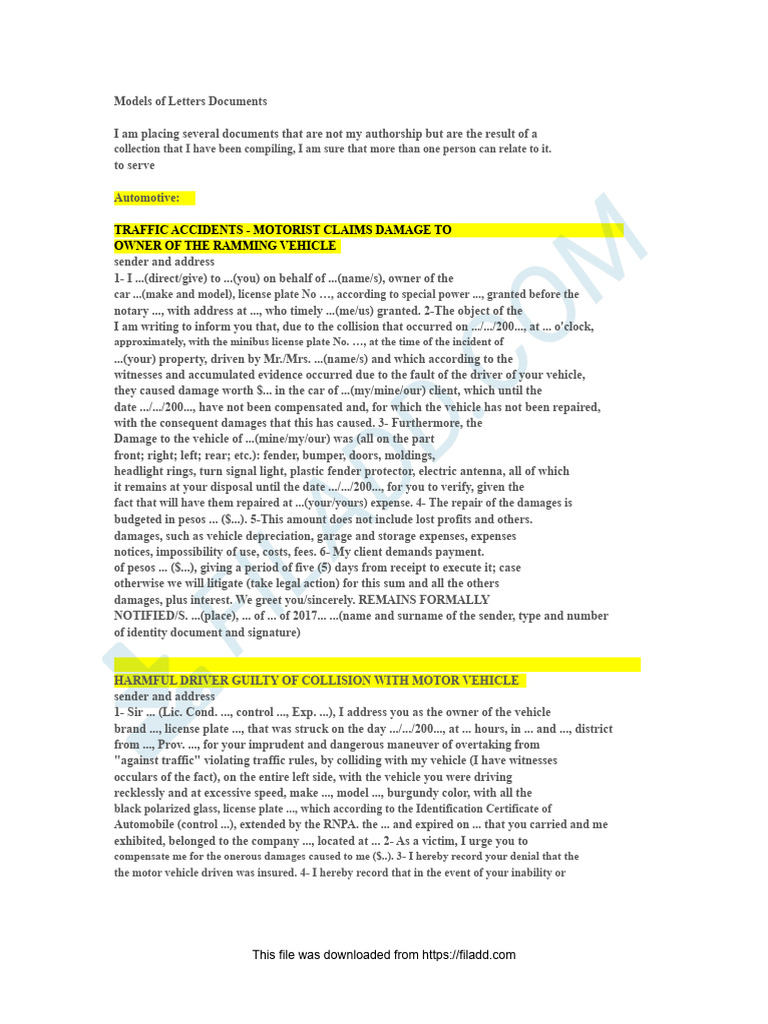 Traffic Accident Claim Letter Templates | PDF | Employment | Banks