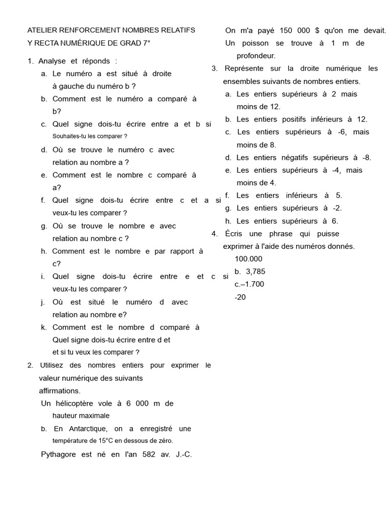Atelier Renforcement Nombres Relatifs Et Droite Numérique Niveau 7 | PDF