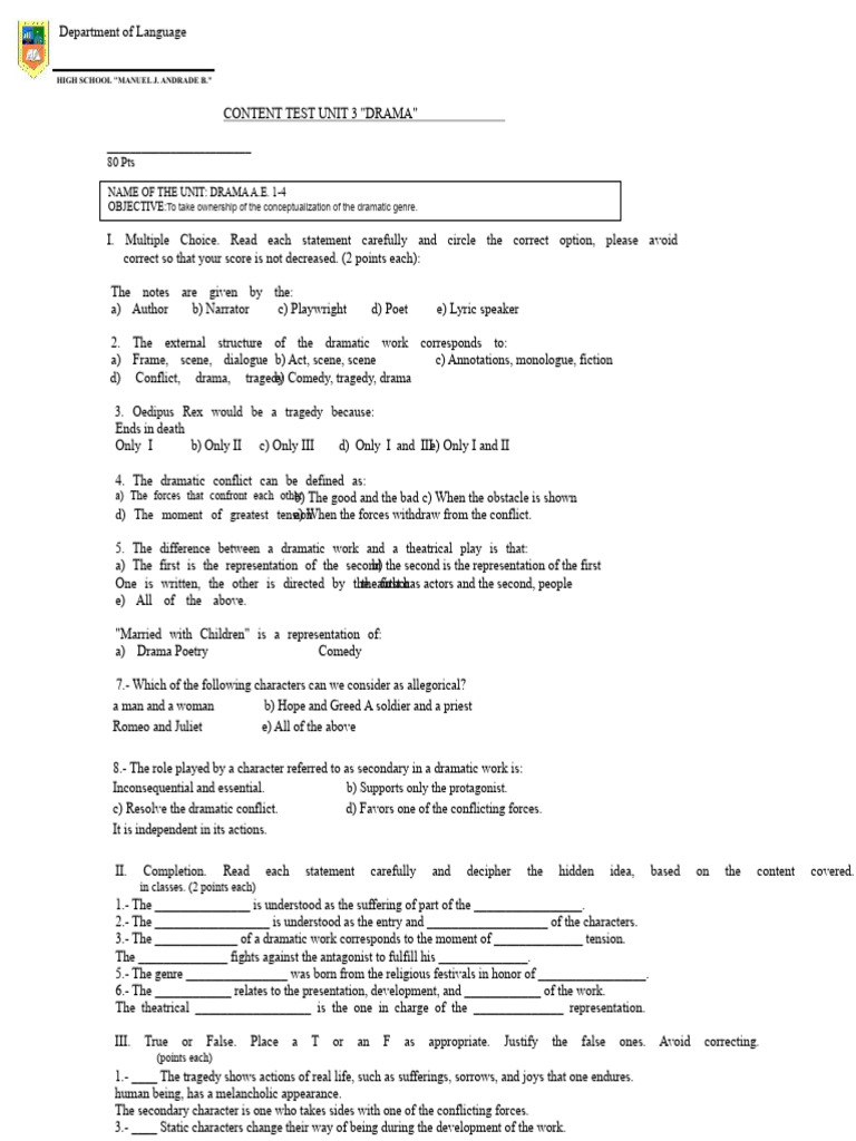 Drama Test 1st Year High School | PDF
