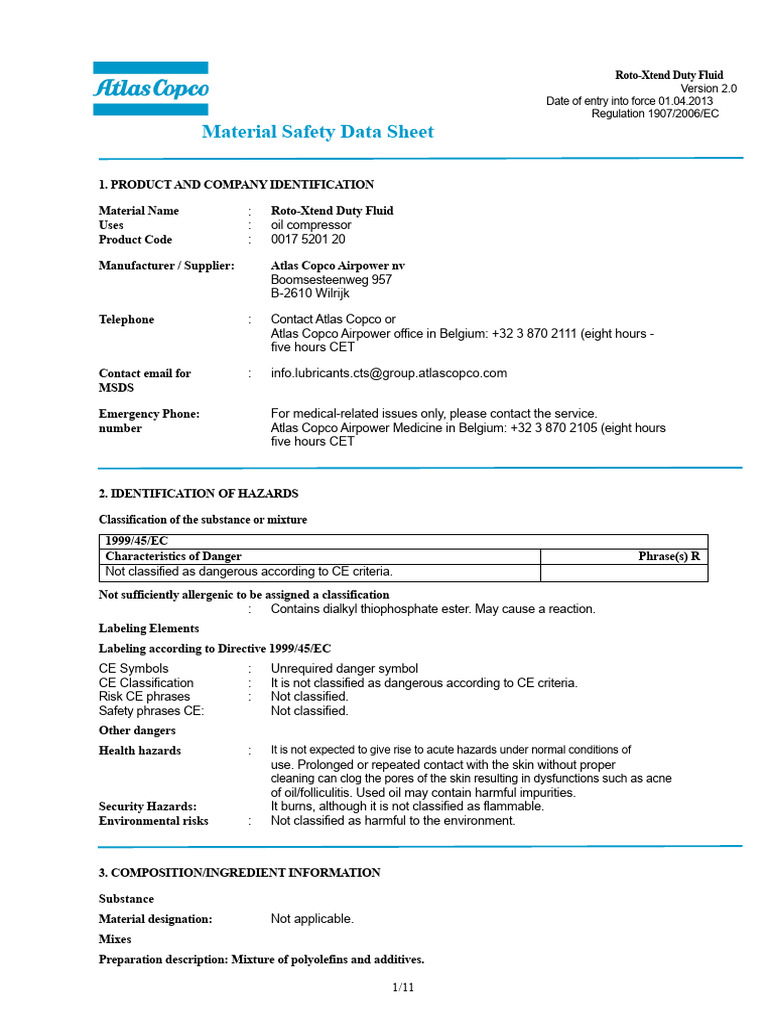 Material Safety Data Sheet - Atlas Copco | PDF | Toxicity | Chemistry