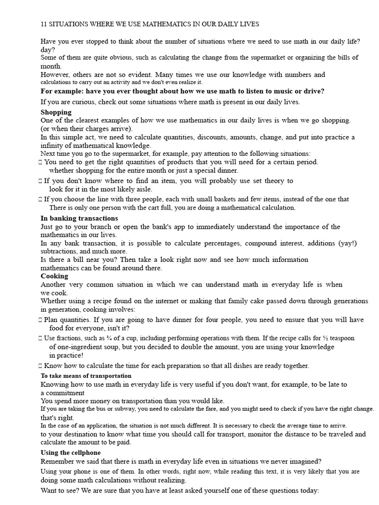 11 Situations Where We Use Mathematics in Daily Life | PDF ...