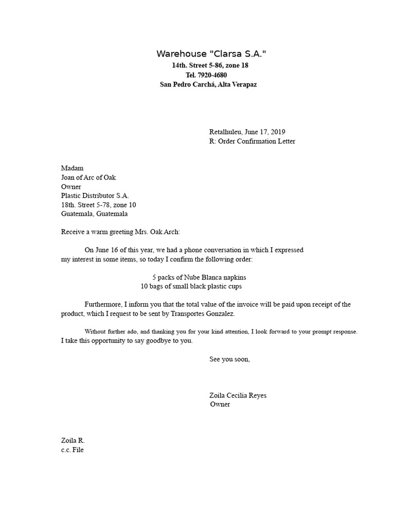Order Confirmation Letter | PDF