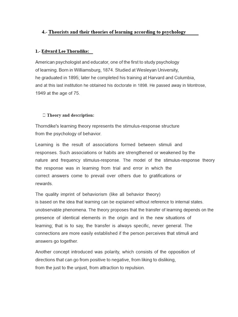 1 Theory of Edward Lee Thorndike | PDF | Learning | Psychology