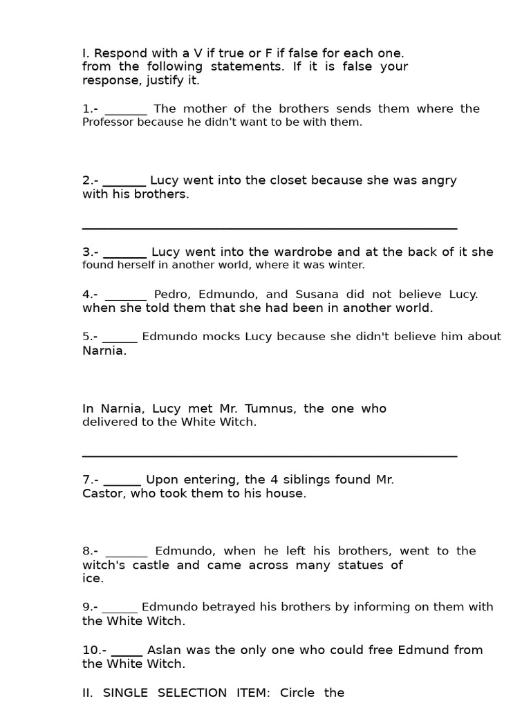 Narnia True/False Quiz and Questions | PDF | The Chronicles Of Narnia ...
