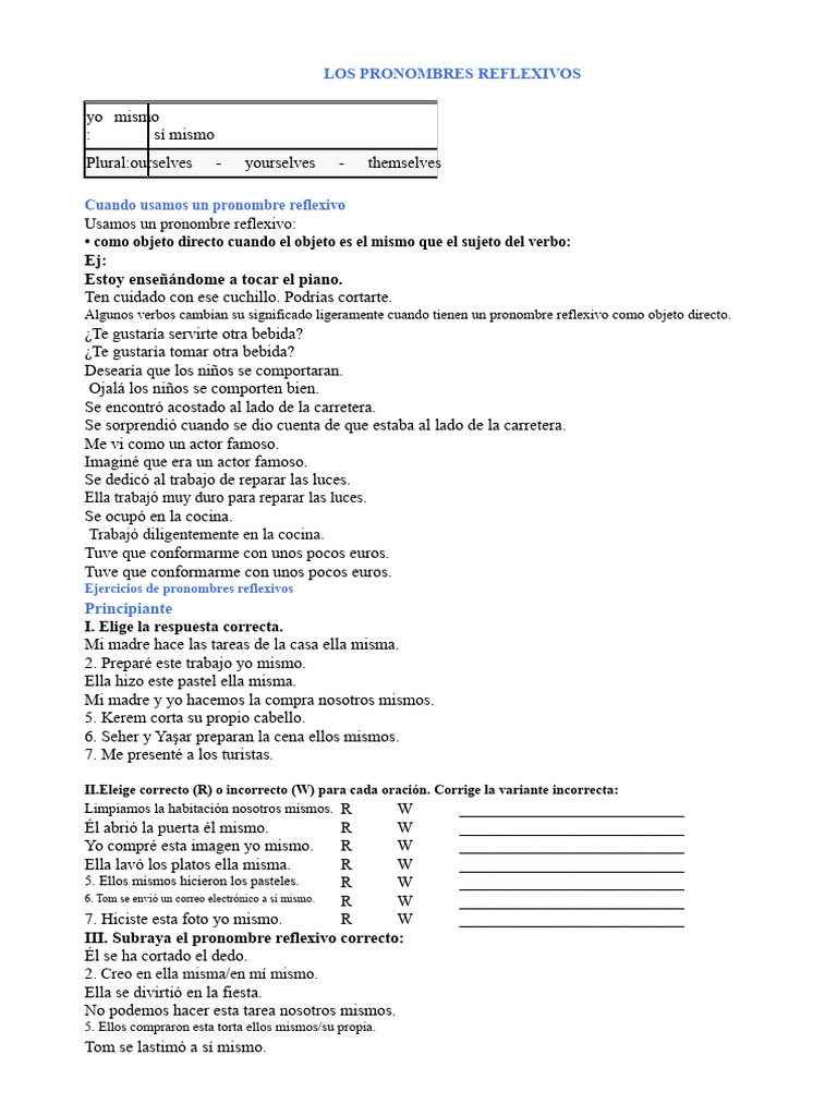Uso y ejercicios de pronombres reflexivos | PDF | Sintaxis | Gramática