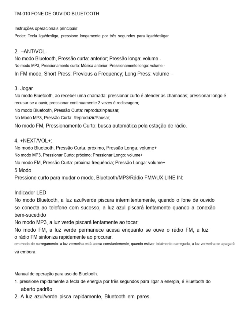 Instruções Fone Bluetooth TM-010 | PDF | Bluetooth | Rádio
