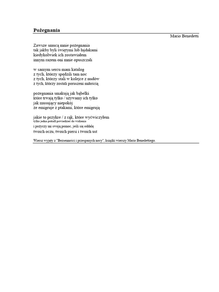Benedetti, Mario - Pożegnania (Wiersz) PDF | PDF