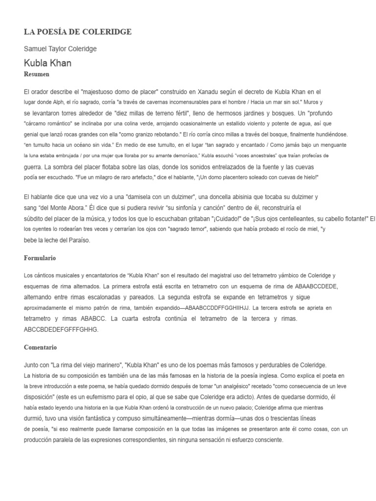 Análisis de Kubla Khan de Coleridge | PDF | Era de iluminacion | Samuel ...