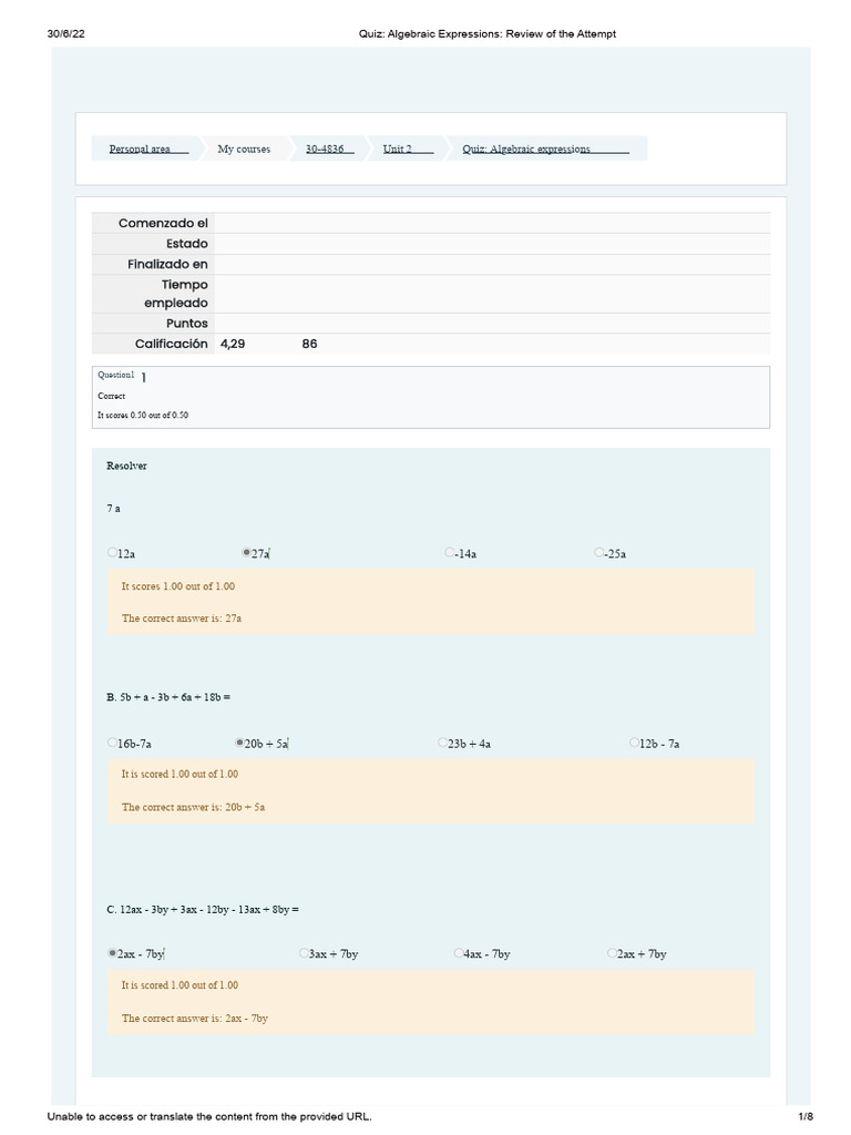 Quiz - Algebraic Expressions - Review of The Attempt With Results | PDF ...