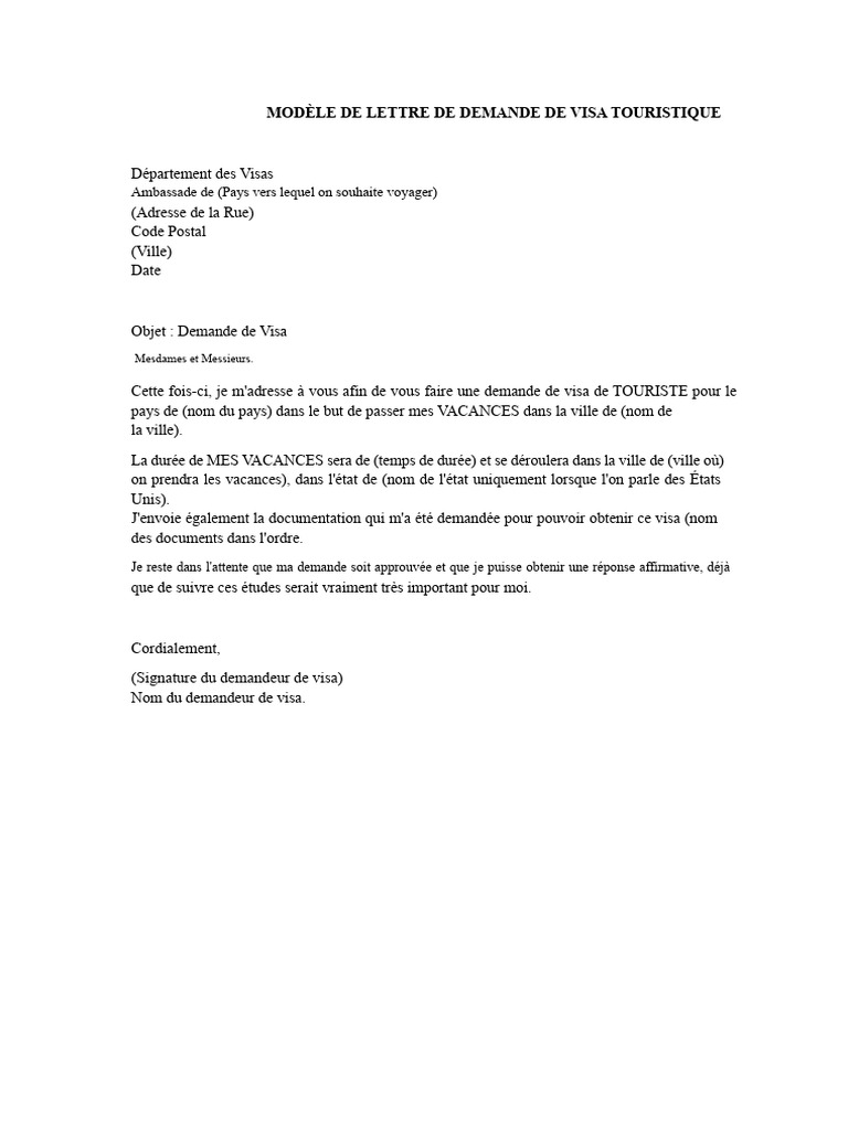 Modèle de demande de visa touristique | PDF