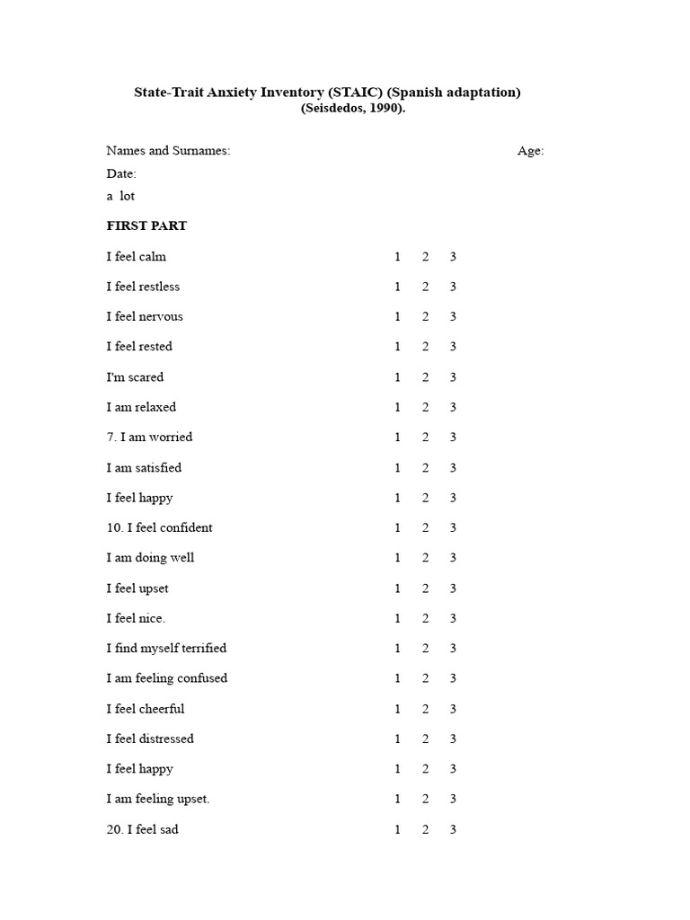 State-Trait Anxiety Inventory (STAIC) | PDF | Anxiety | Psychology
