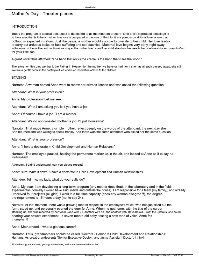 Mother's Day Theater Program Script | PDF | Mother