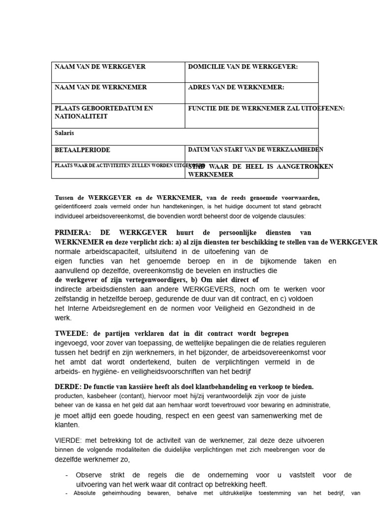 Werkovereenkomst Voor de Kassa Manager | PDF